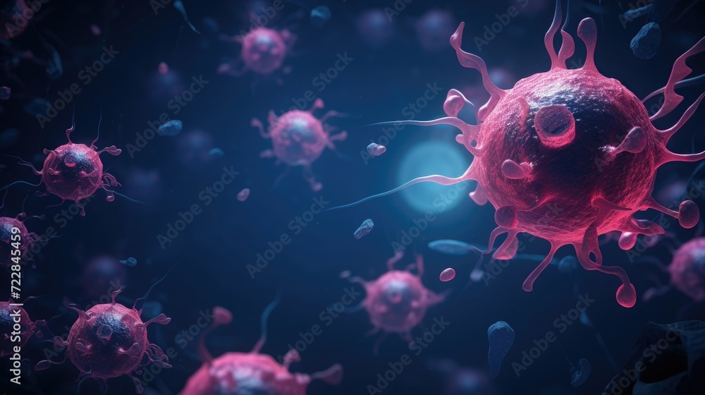 Micro bacteria and viruses of various shapes against a blue light ...