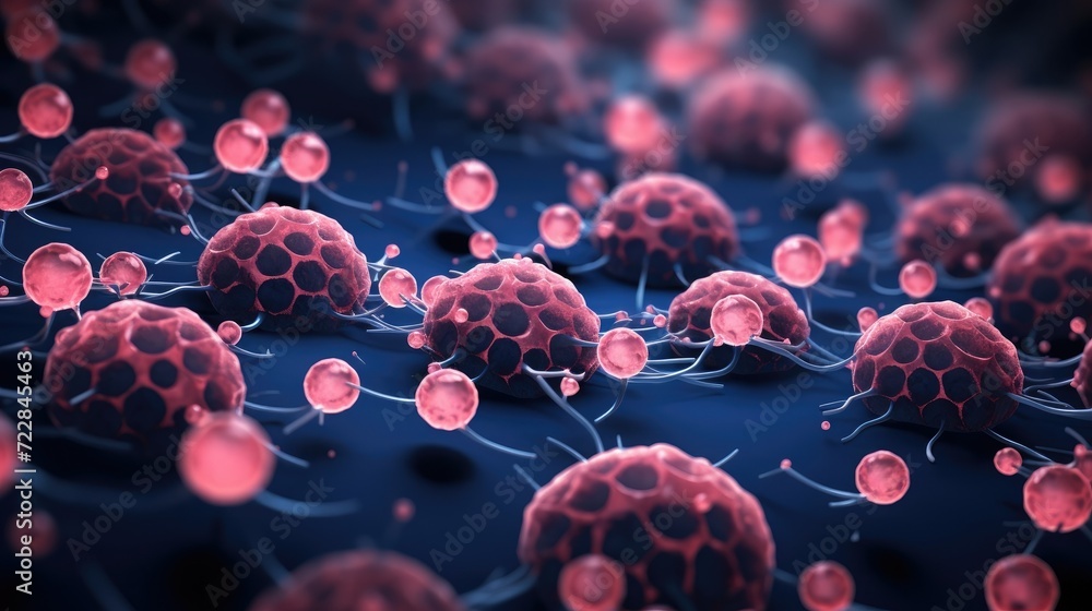 Micro bacteria and viruses of various shapes against a blue light ...