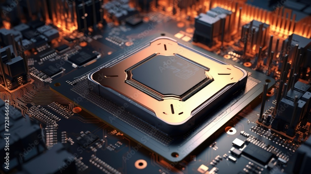 High tech computer engineer with circuit board chip processor. Central ...