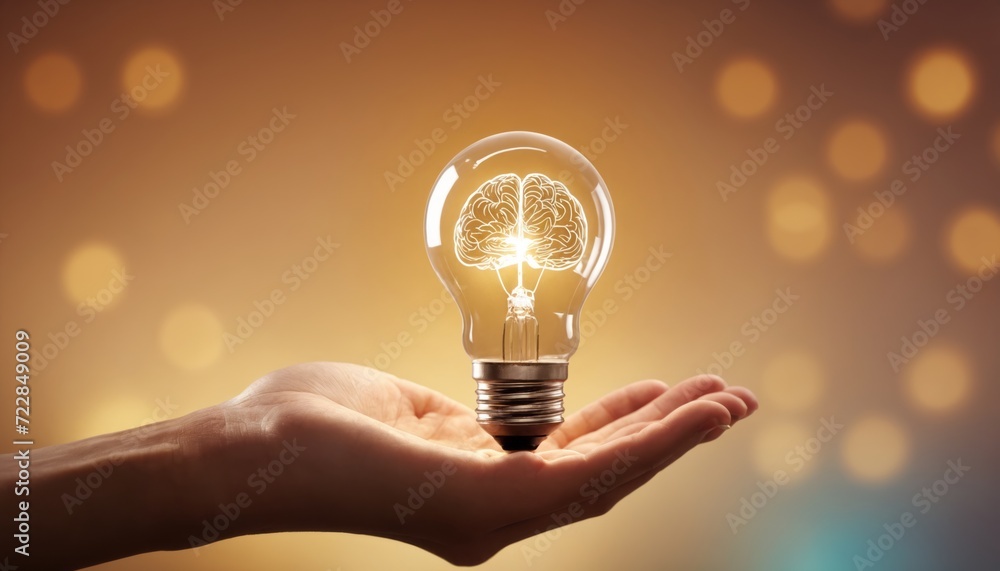 Hand holding lightbulb with brain on bokeh background for creative and ...
