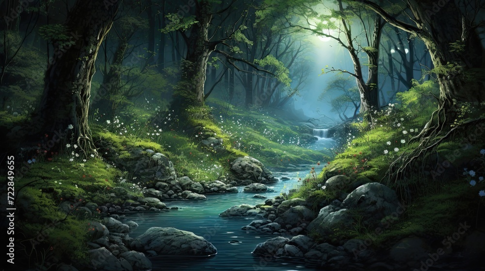 Woodland glade featuring a bubbling brook and magical fireflies ... Woodland glade featuring a bubbling brook and magical fireflies ...