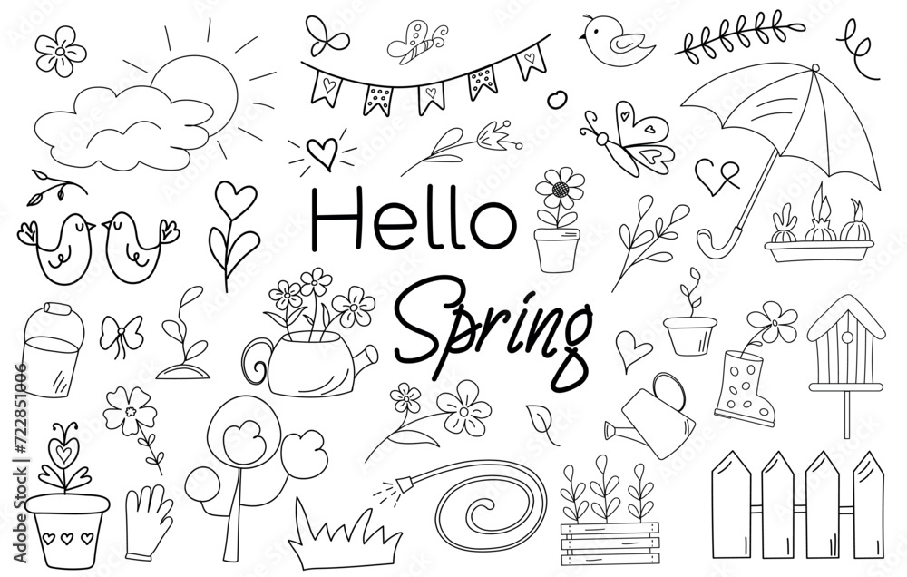 Spring doodle icons set with handwritten lettering hello spring. Line ...