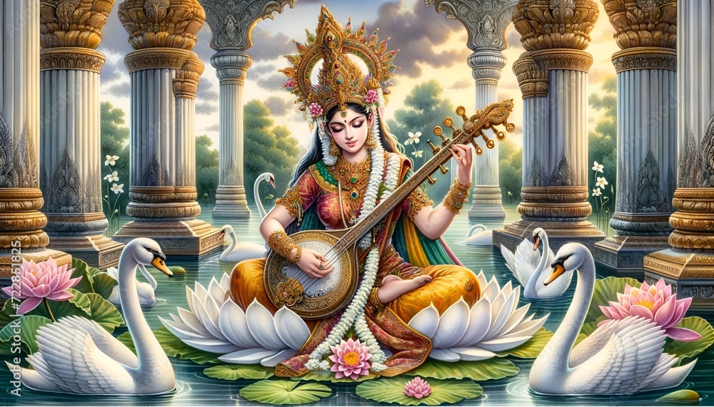Watercolor illustration of a goddess saraswati sitting on a white lotus ...