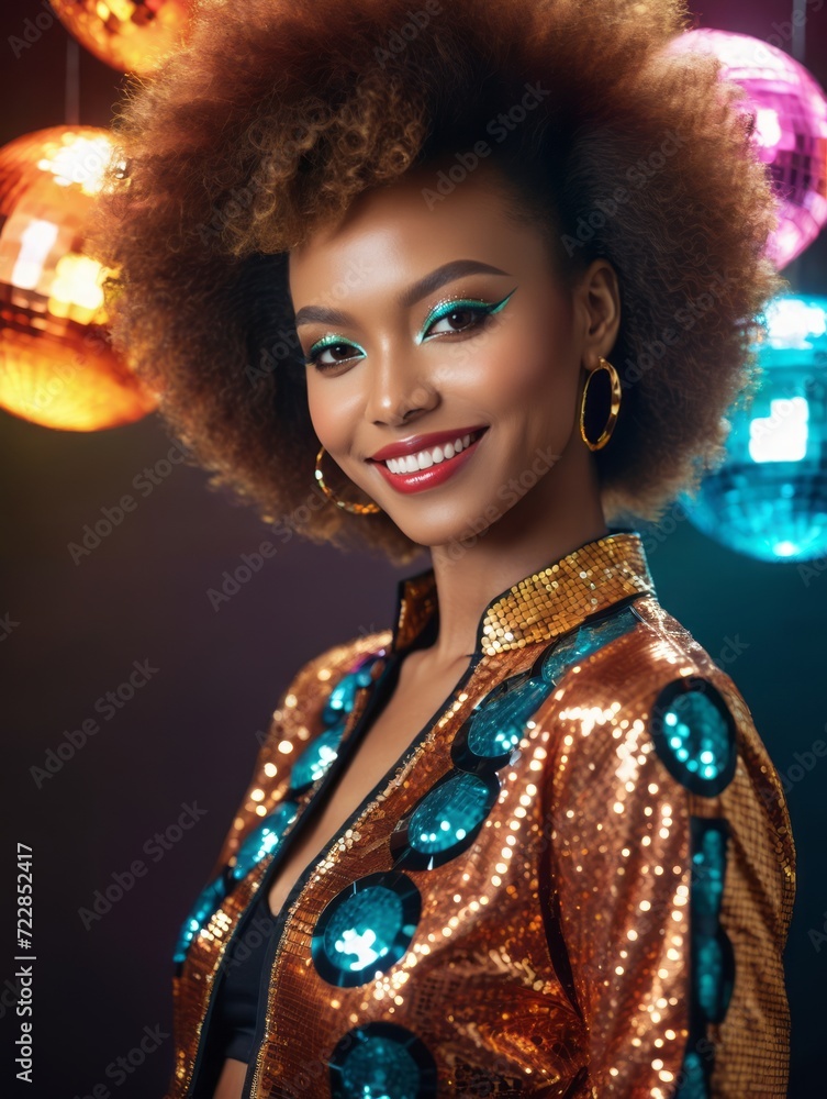 A woman with a large afro and bright makeup poses for a photo. She ...
