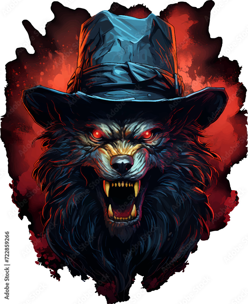 Ferocious wolves wear hats and have burning eyes, transparent ...