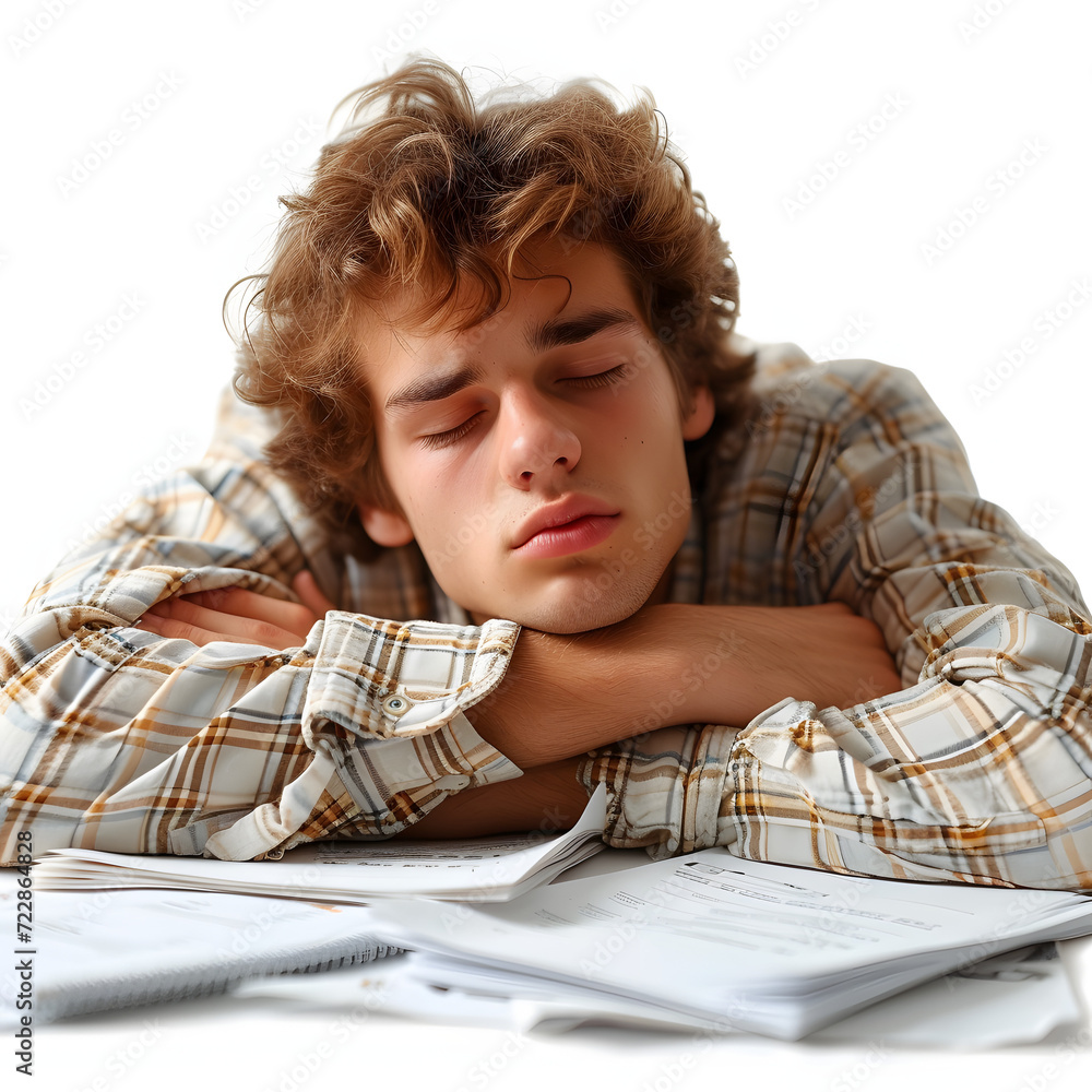 College student pulling an all-nighter for exams isolated on white ...