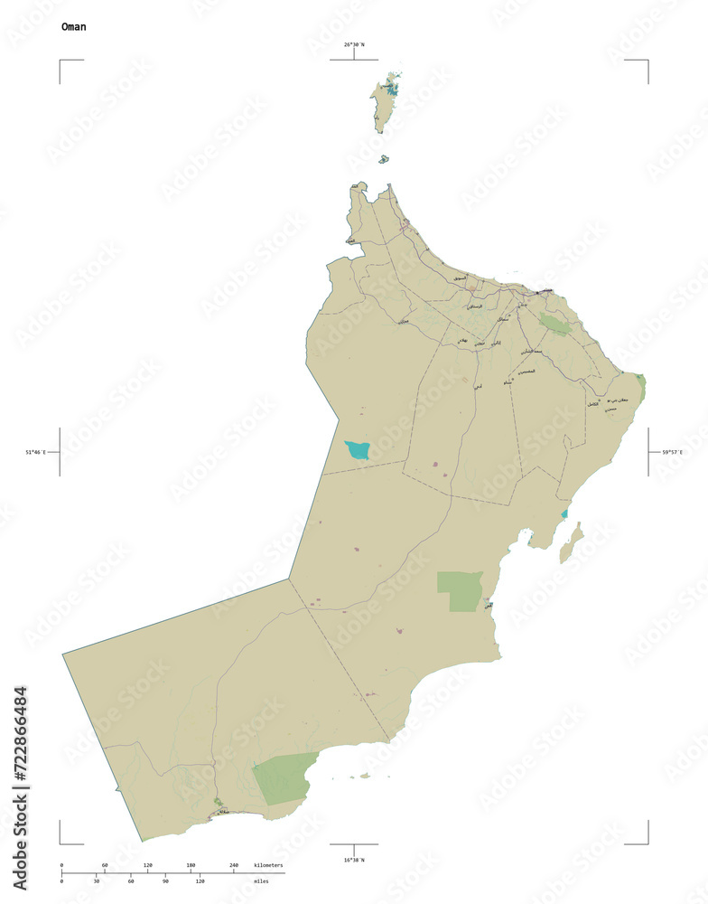 Oman shape isolated on white. OSM Topographic Humanitarian style map ...