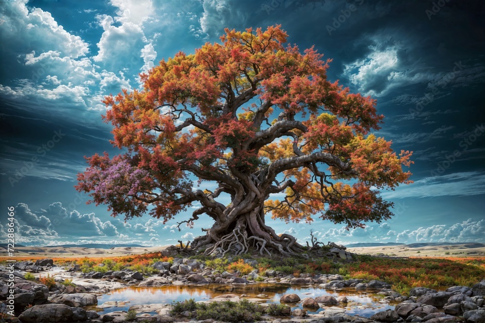 An ancient oak tree stands as a resilient sentinel amidst a landscape ...
