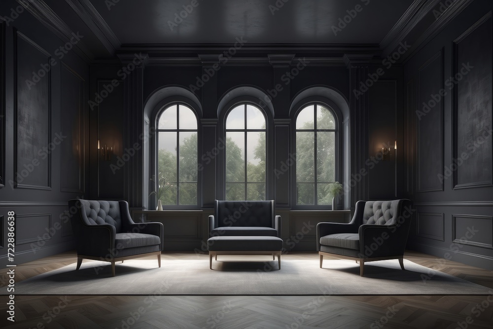 Dark waiting room interior with two armchairs and panoramic window ...