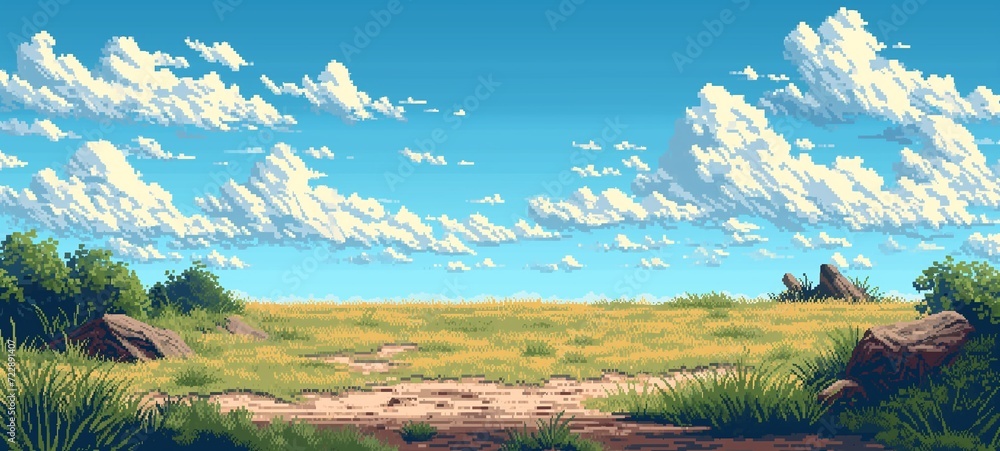 Pixel art landscape featuring a sprawling field of golden grass under a ...