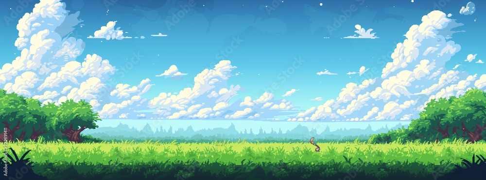 Pixel art of a tranquil grassland and cloud-filled sky, framed by lush ...