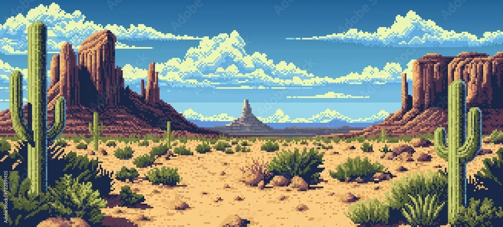 Pixel art rendition of a Texas desert landscape with towering cacti and ...
