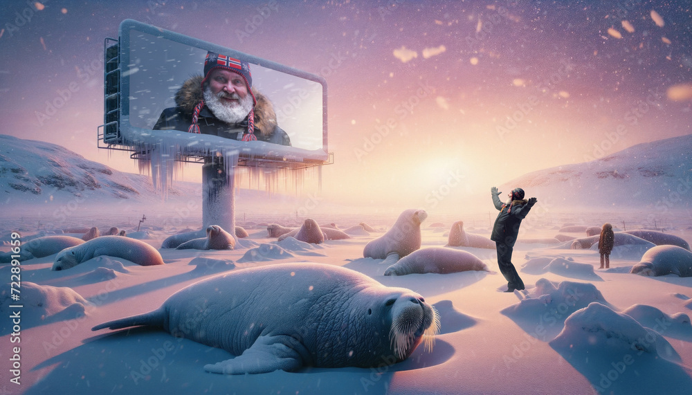 Ad for winter wildlife conservation organization. Senior man interacts ...