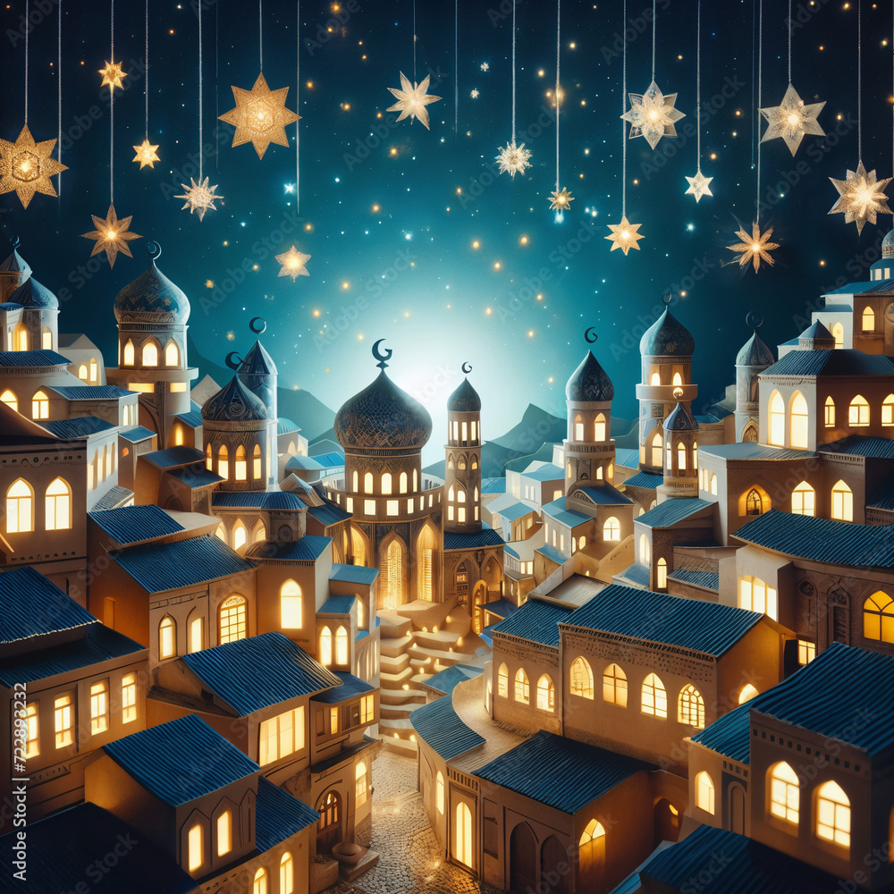 whimsical paper diorama collage, surreal, surrealism, a village rooftop ...