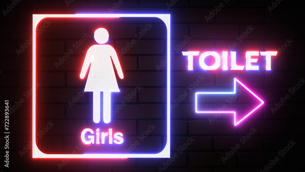 Girls toilet signs in neon lights. Glowing white WC toilet neon sign ...