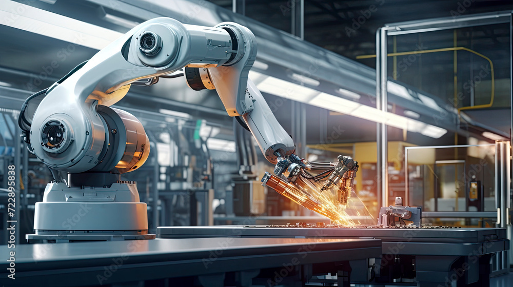 Showcasing cutting-edge technology, sleek industrial robot arm performs meticulous welding tasks ...