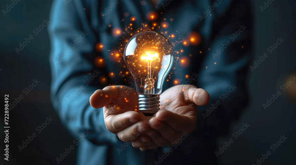 Businessman holding glowing lightbulb with learning icons for study knowledge to creative ...
