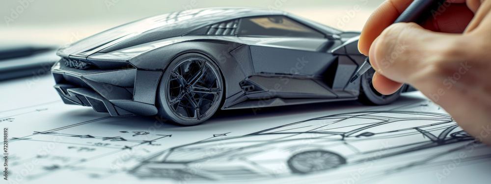 Car designer fine-tuning a model vehicle with blueprint drawings. Stock ...