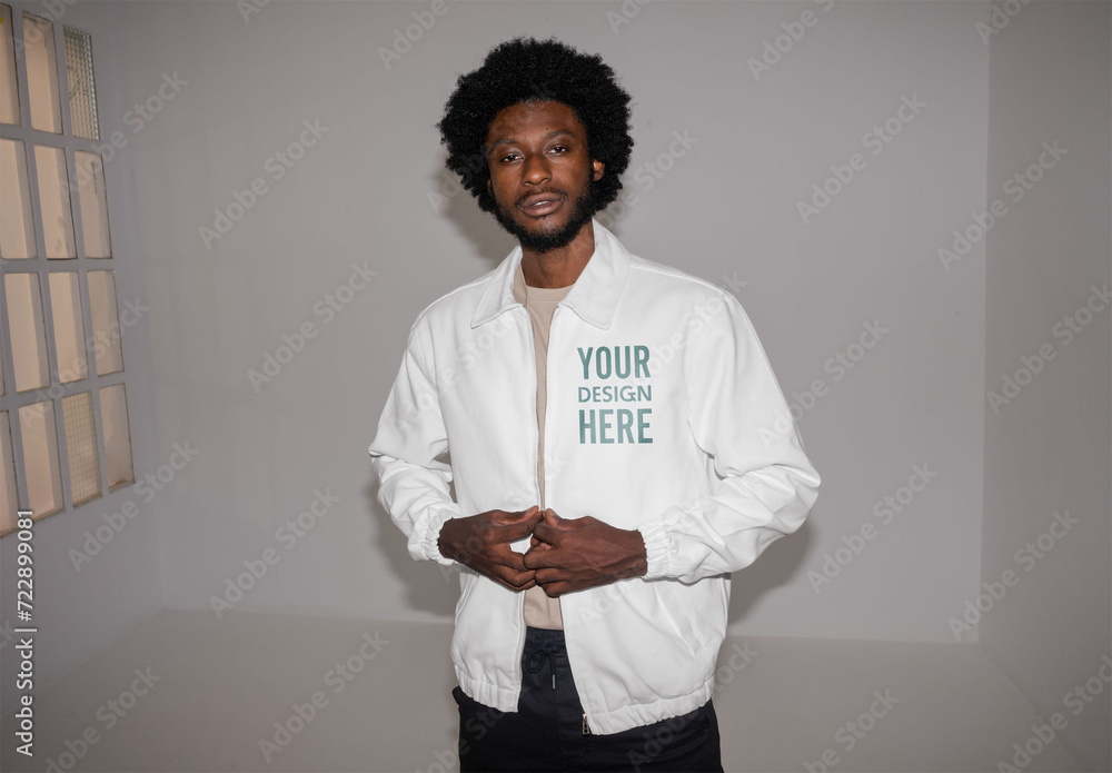 Mockup of man wearing customizable jacket, camera flash Stock Template ...