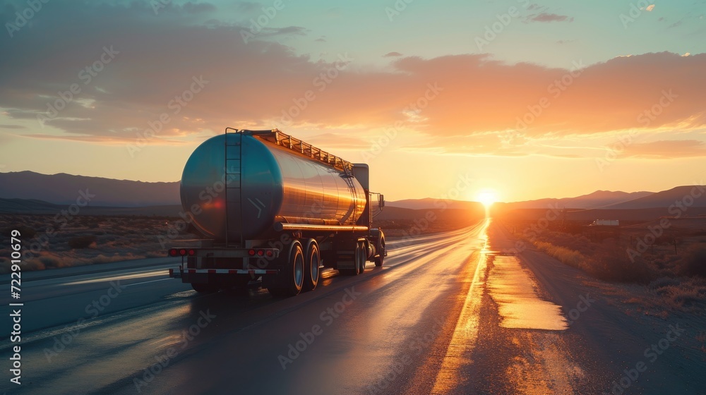 Big fuel tanker truck shipping fuel on highway road in motion. Gasoline ...