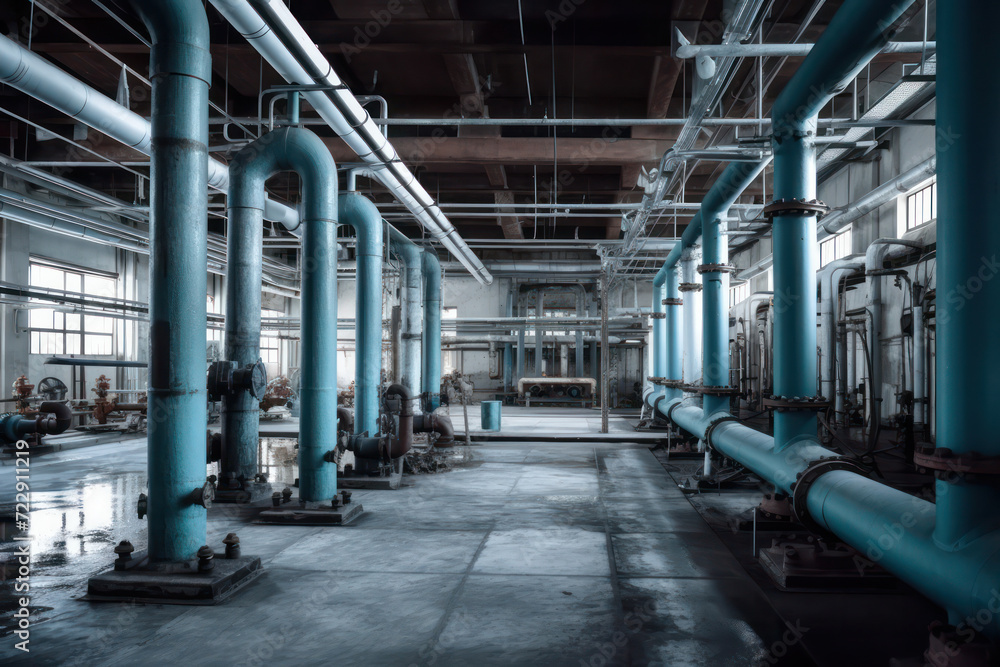 Steel water pipe with circulation pump and valve in an industrial ...