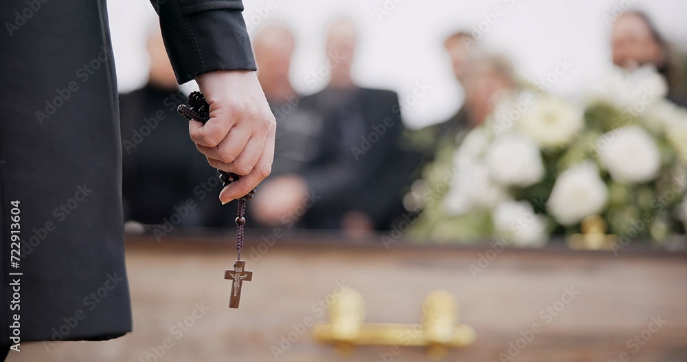 Funeral, religion and hands with rosary for memorial service, death ...