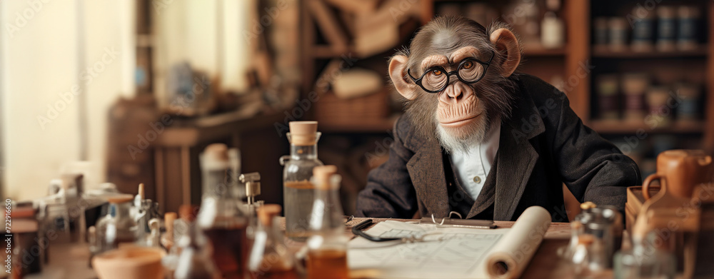 a monkey dressed as a scientist professor in vintage style suit and ...