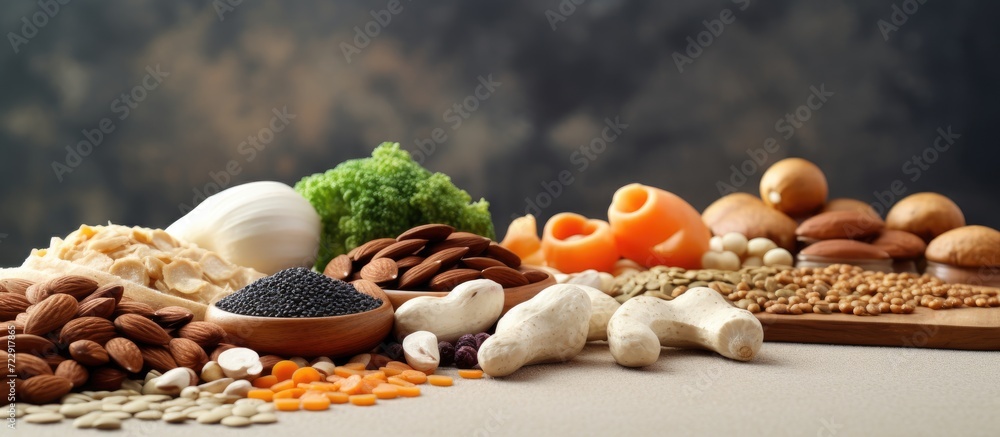 Healthy food rich in vitamin B3 niacin with structural chemical formula ...