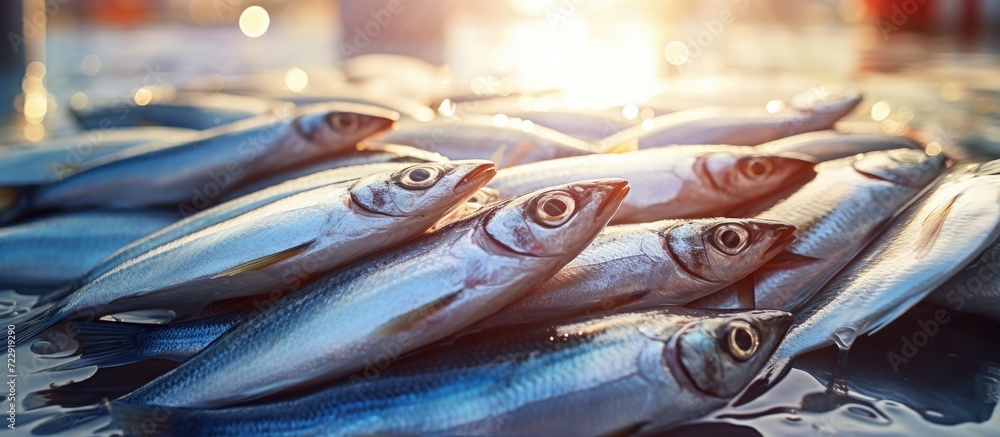 Heap of fresh Mediterranean sardines for sale on the stall of a ...