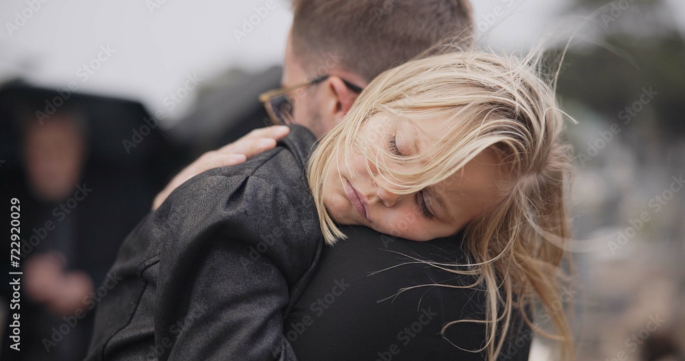 Sad, death and a daughter with her father at a funeral for grief or ...