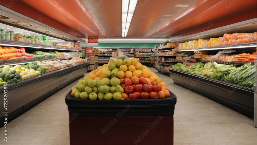 Department with fresh vegetables, fruits in huge grocery supermarket ...
