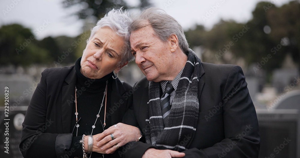 Funeral, graveyard and senior couple in cemetery for comfort, empathy ...