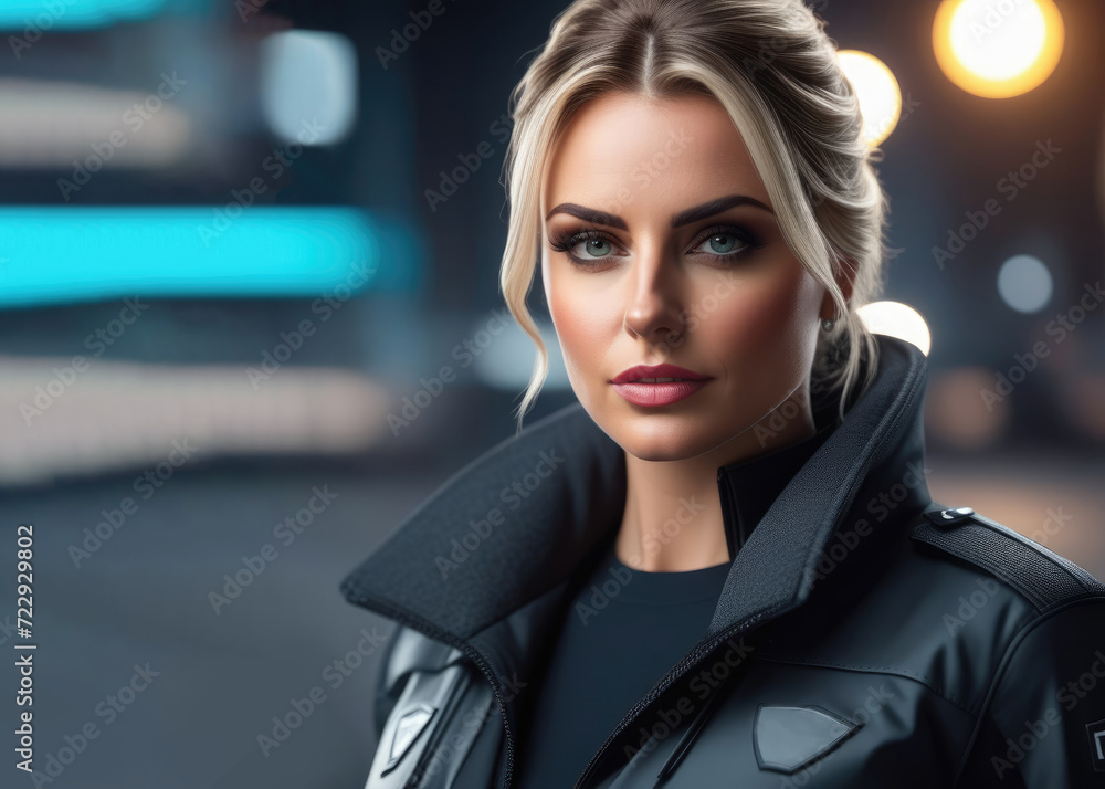 Beautiful female police officer in a jacket on a night city street ...