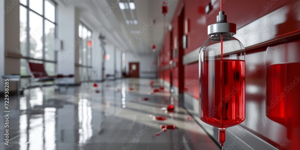 red IV drip bag for blood donation types at hospital recovery room ...