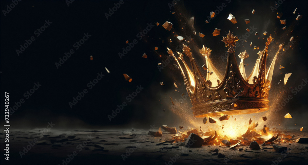 Shattering golden royalty king crown. Blasting fiery background ...