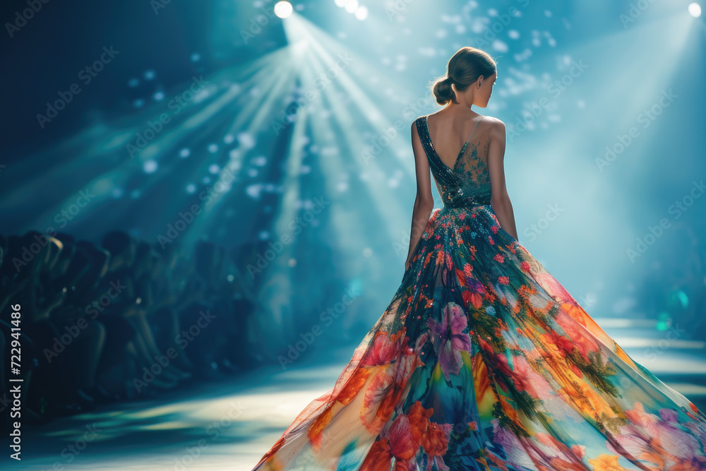 beautiful model walking on runway fashion show in designed dress Stock ...