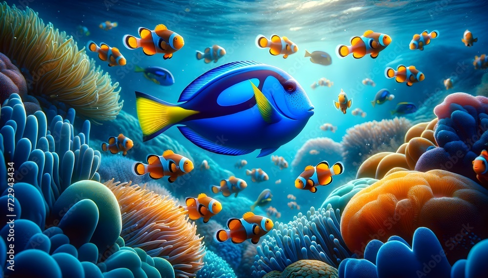 Blue Tang fish with Percula Clownfish, underwater, natural lighting ...