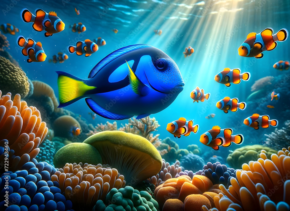 Blue Tang fish with Percula Clownfish, underwater, natural lighting ...