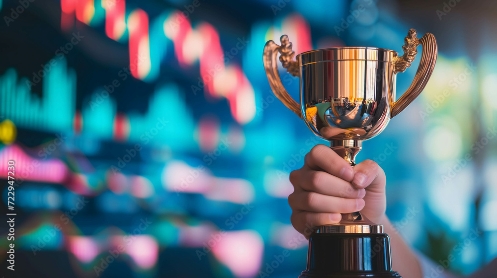 Setting goals and planning well leads to success, hand holding trophy ...