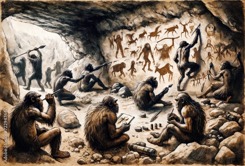 Early humans engaged in painting and tool-making inside a cave, with ...