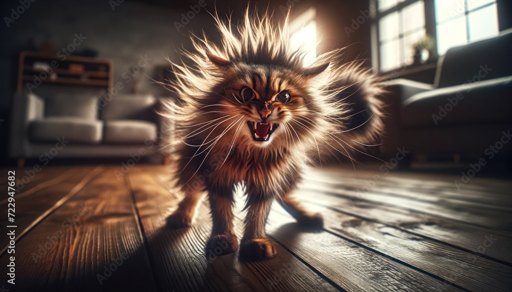 An agitated cat with fur standing on end and an open mouth, casting ...