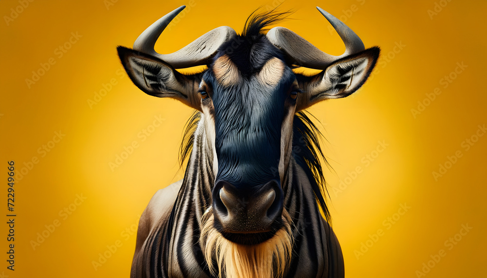 A close-up front view of a wildebeest (gnu) on a yellow background ...