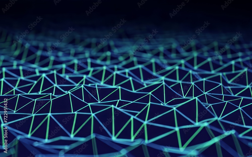 This image depicts a 3D render of a blue geometric network with ...