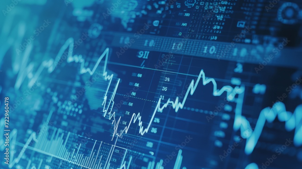 A chart of the financial stock market with trend lines, a chart in blue ...