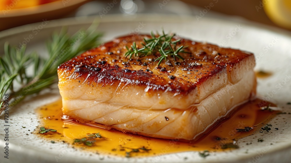 Close-up shot of a perfectly seared foie gras, highlighting its ...