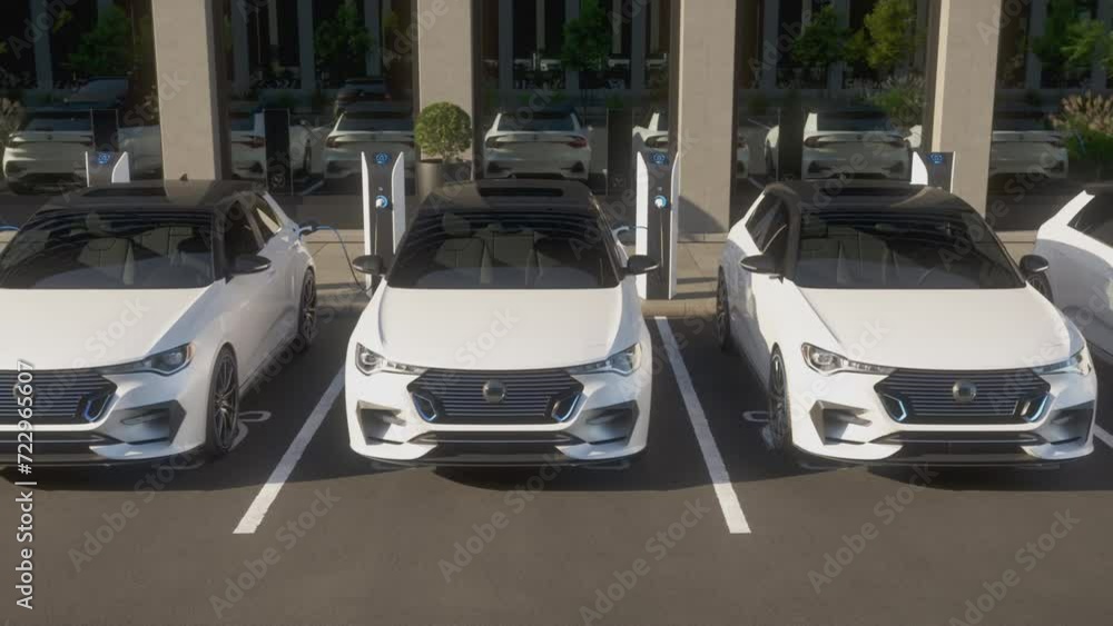 A row of generic autonomous electric cars charging at charging station ...