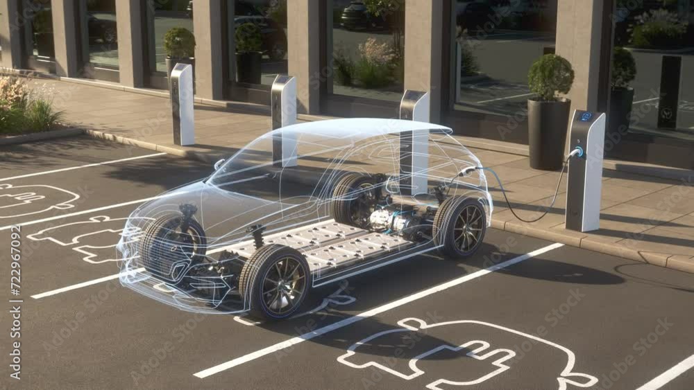 Vidéo Stock X-ray view of a generic autonomous electric car charging in ...
