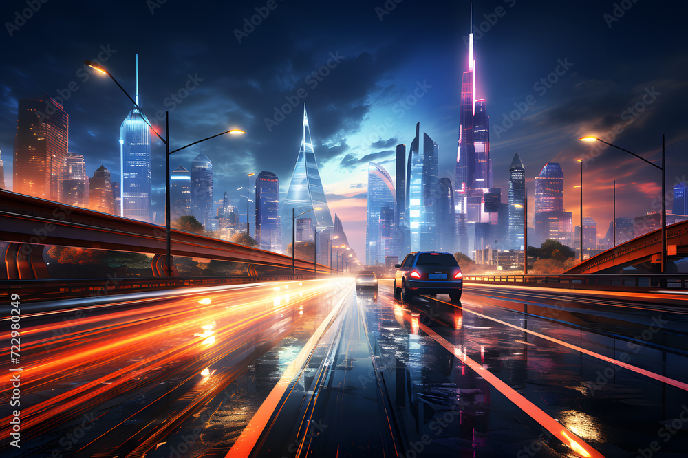 Motion speed city street light lines. Light trails on street at dusk ...