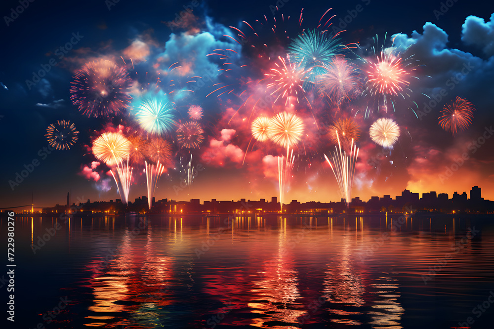 Light fireworks Riverside in new year night celebration party at city ...