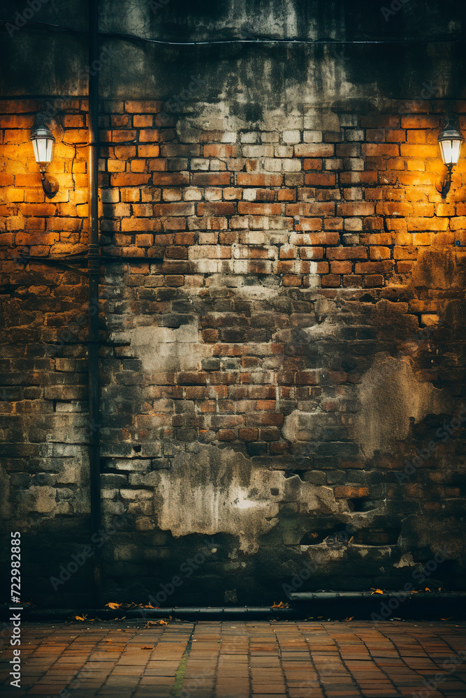 Illuminated Alley: Vintage Lamps and Brick Walls After Dusk Stock Photo ...
